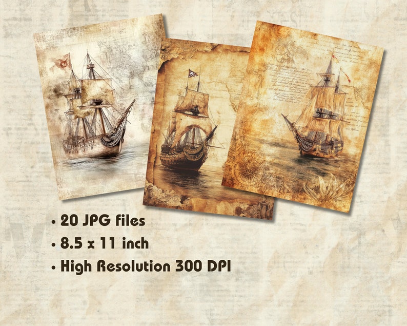 Vintage Pirate Ship Design Digital Paper L Printable Old Distressed ...