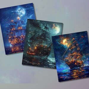 Dreamy Fantasy Pirate Ship Digital Paper L Printable Dark Night Ocean ...