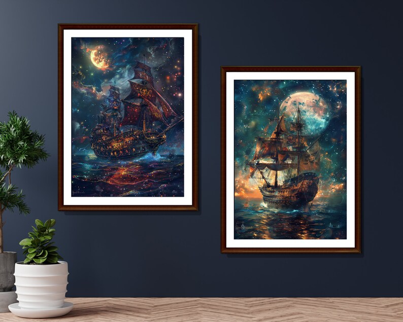 Dreamy Fantasy Pirate Ship Digital Paper L Printable Dark Night Ocean ...