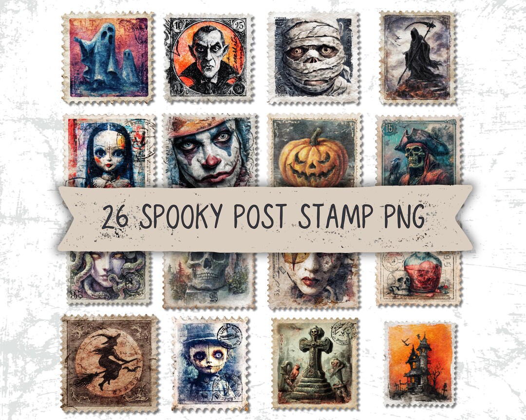 Spooky Halloween Post Stamp Design Digital Clipart L Printable Creepy ...