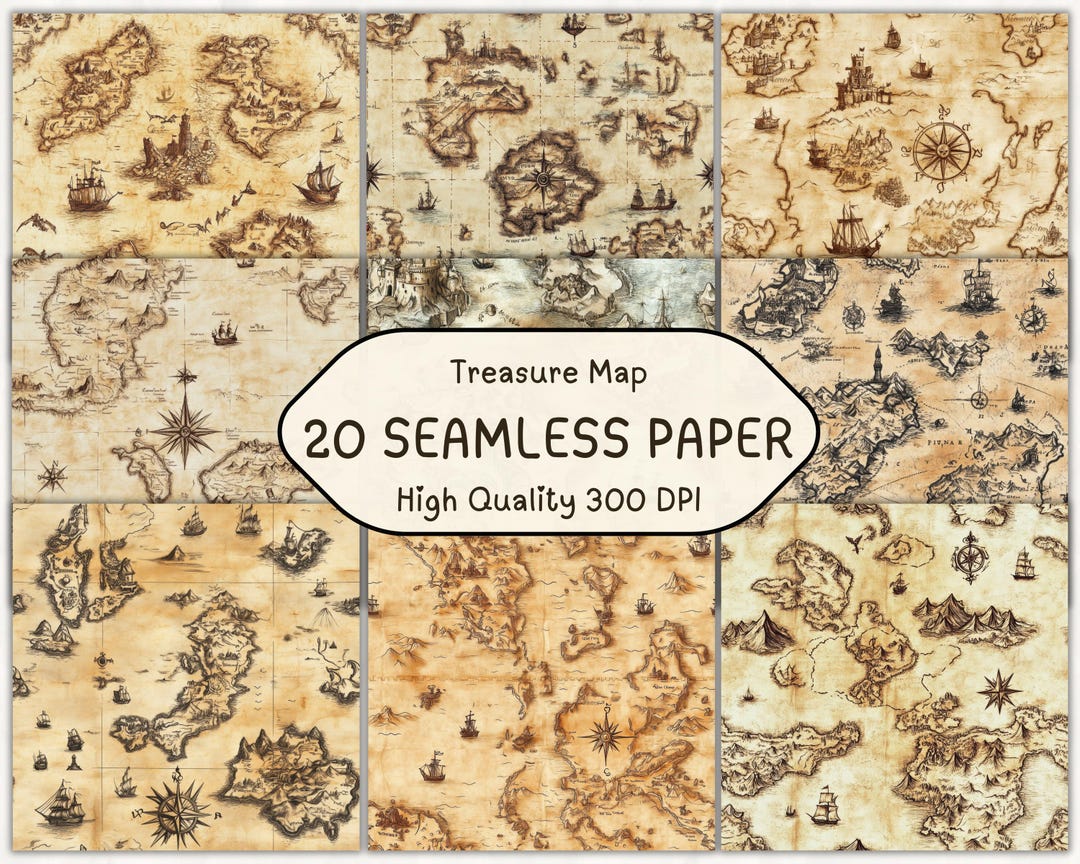 Vintage Treasure Map Design Digital Seamless Pattern L Printable Pirate ...