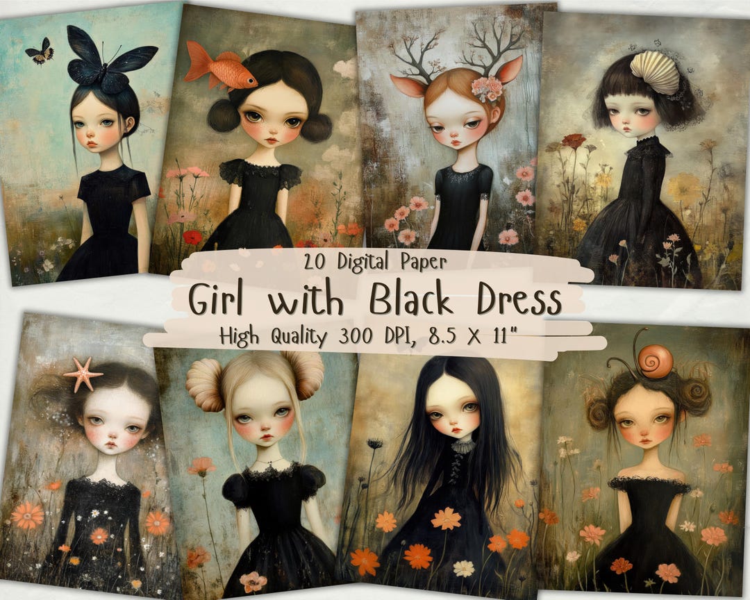 Gloomy Girl With Black Dress Digital Paper L Printable Whimsical Animal ...