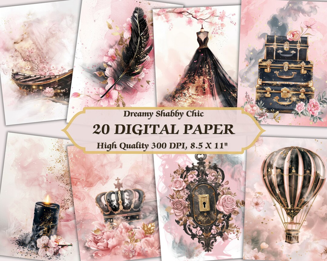 Romantic Pink Black Shabby Chic Digital Paper L Printable Vintage ...