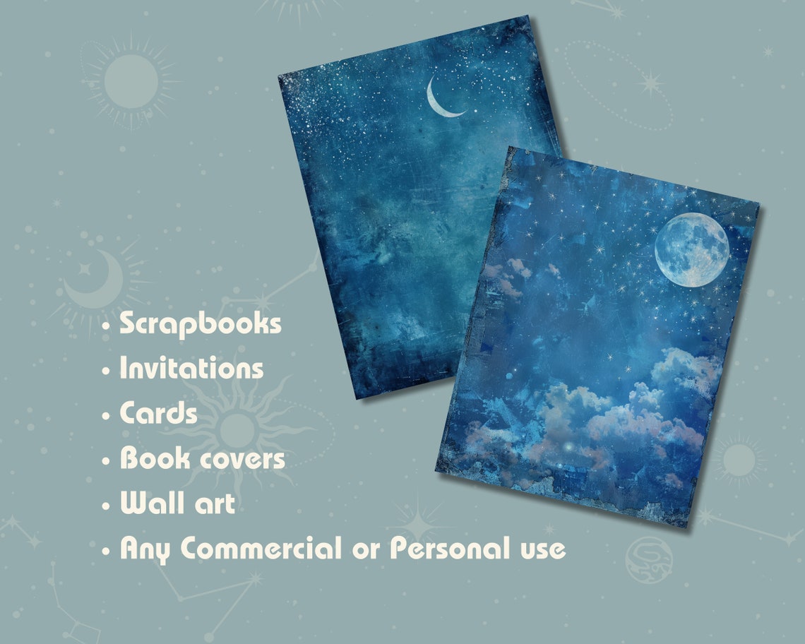Calm Dark Night Vintage Digital Paper L Printable Moon Stars Design on ...