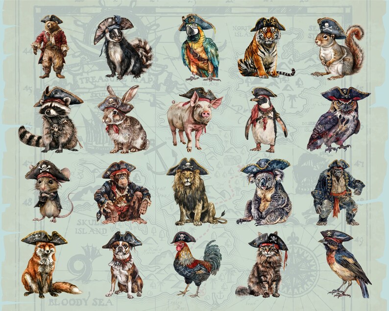 Watercolor Pirate Animal Digital Clipart L Printable Cute Animals With ...