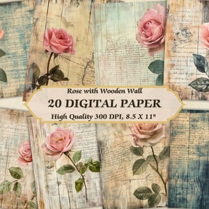 Romantic Rose Wooden Wall Digital Paper L Printable Floral Vintage Old ...