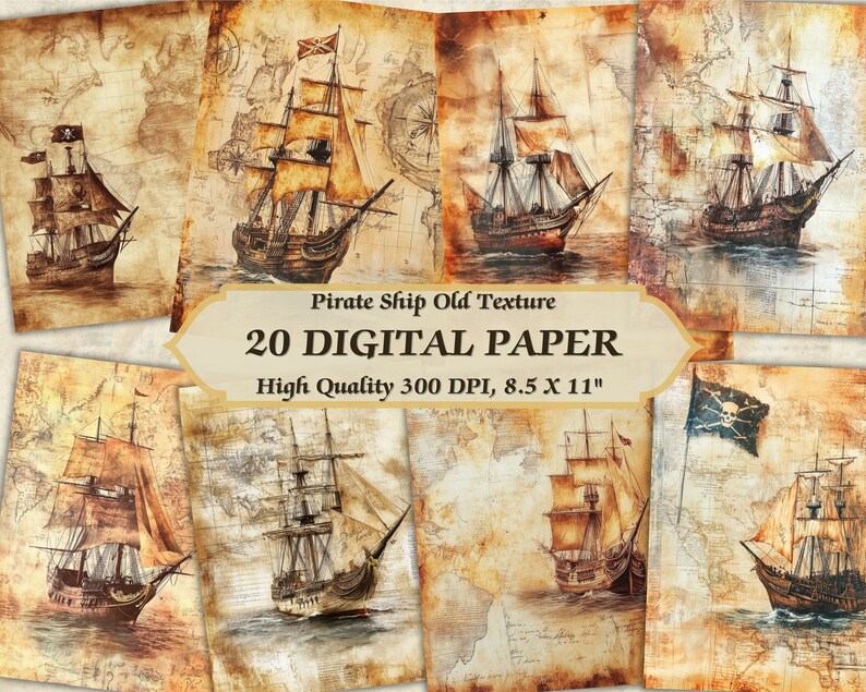 Vintage Pirate Ship Design Digital Paper L Printable Old Distressed ...