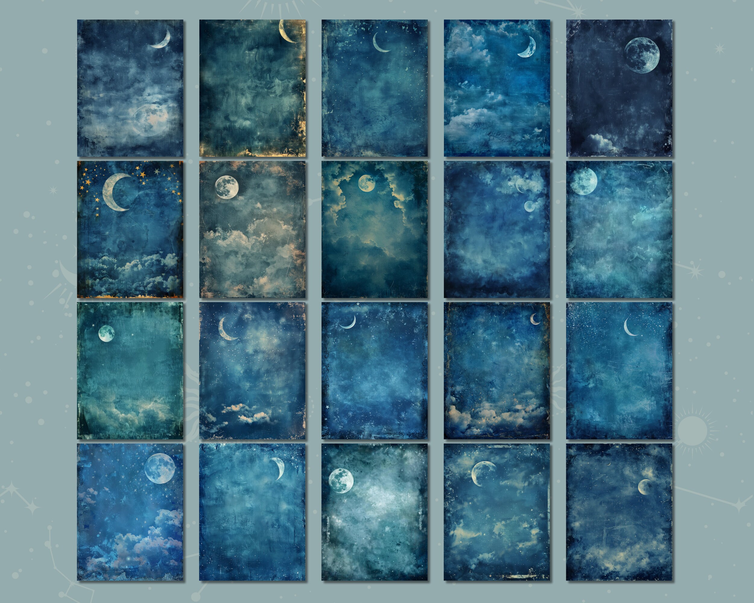 Calm Dark Night Vintage Digital Paper L Printable Moon Stars Design on ...