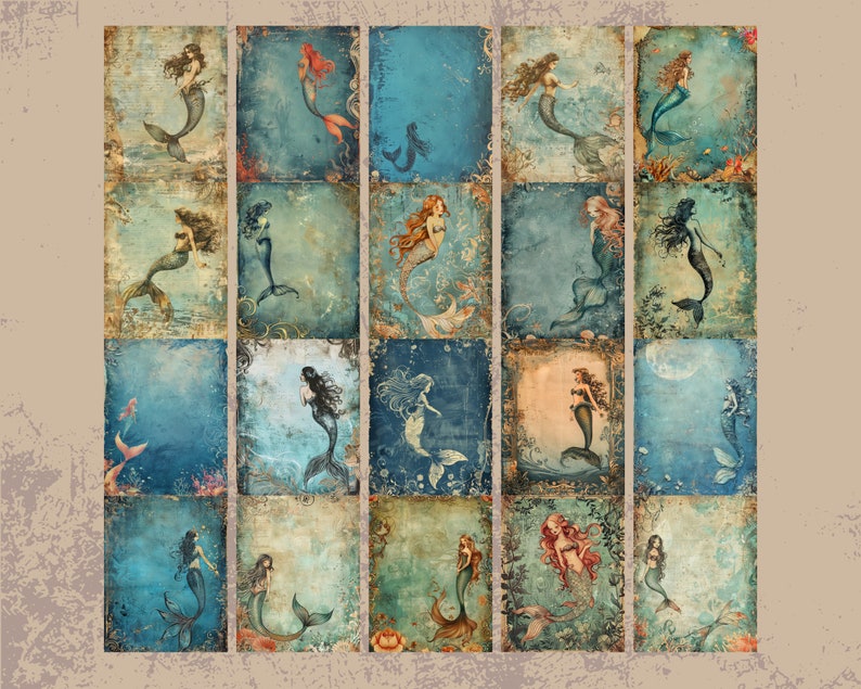 Romantic Mermaid Under the Sea Digital Paper Set L Vintage Old Texture ...