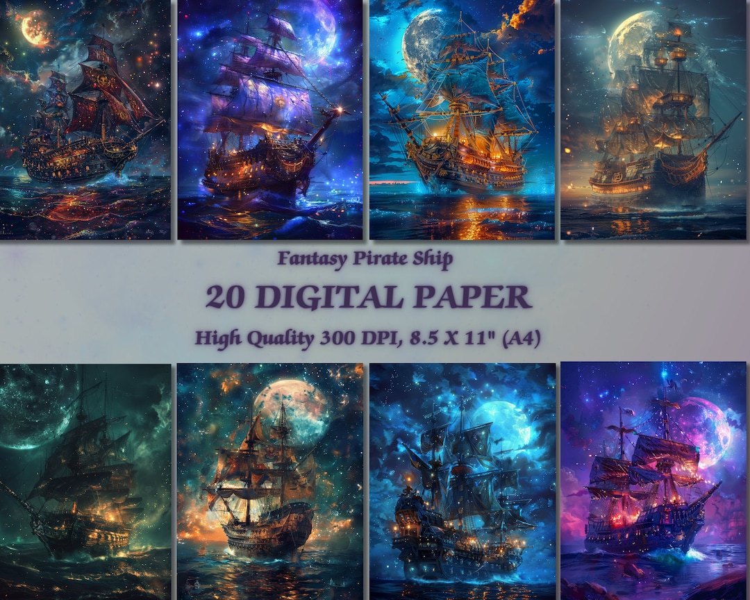 Dreamy Fantasy Pirate Ship Digital Paper L Printable Dark Night Ocean ...