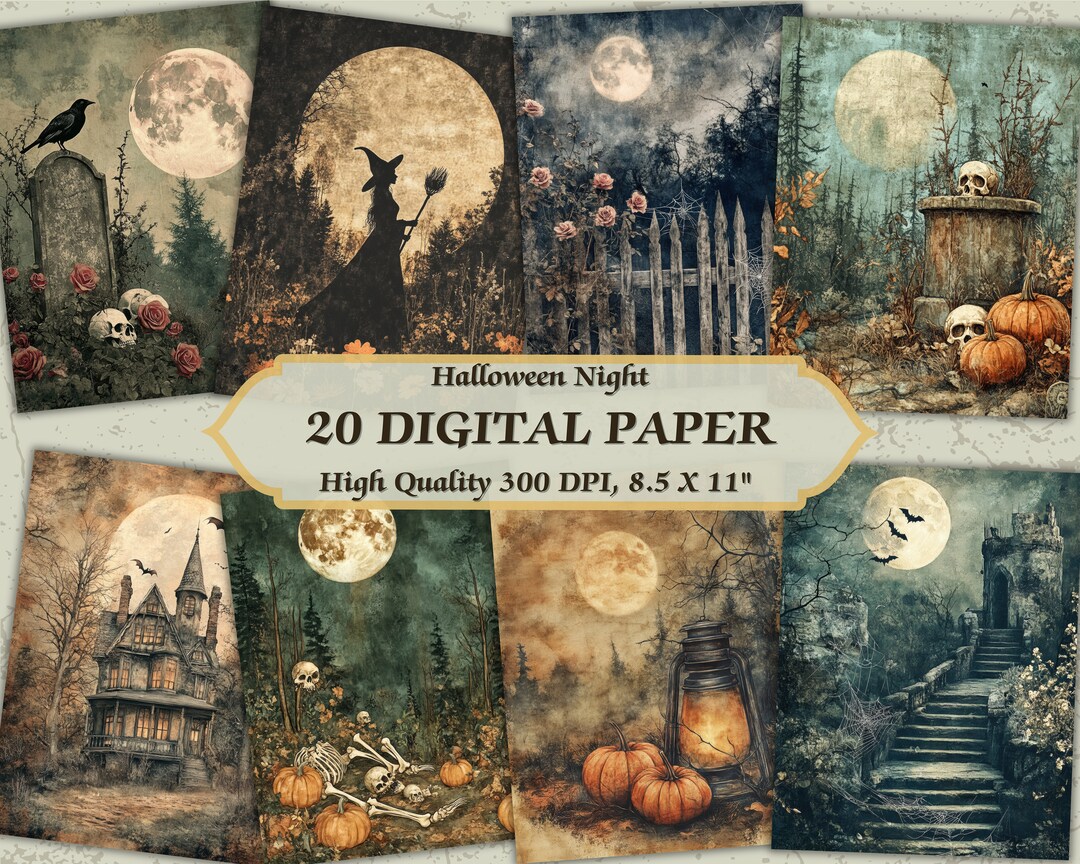 Spooky Halloween Night With Moon Digital Paper L Printable Scary Dark ...
