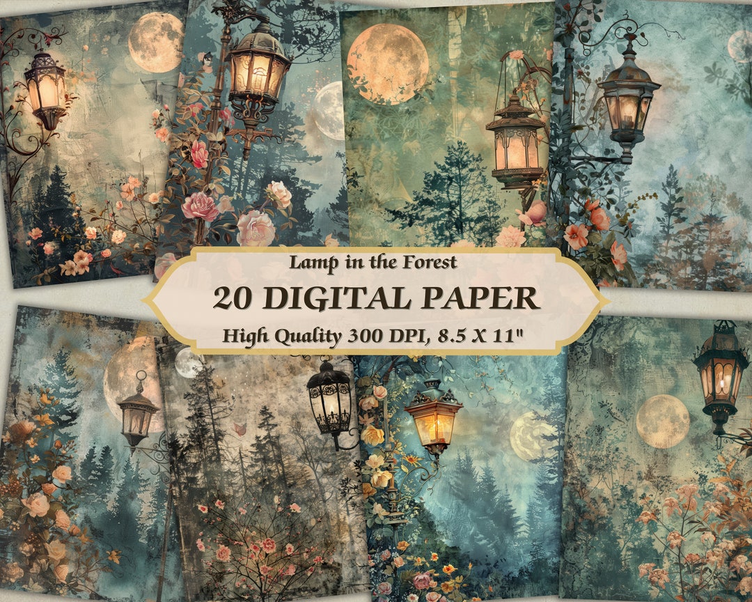 Moody Lamp in the Forest Digital Paper L Printable Dark Night Nature ...