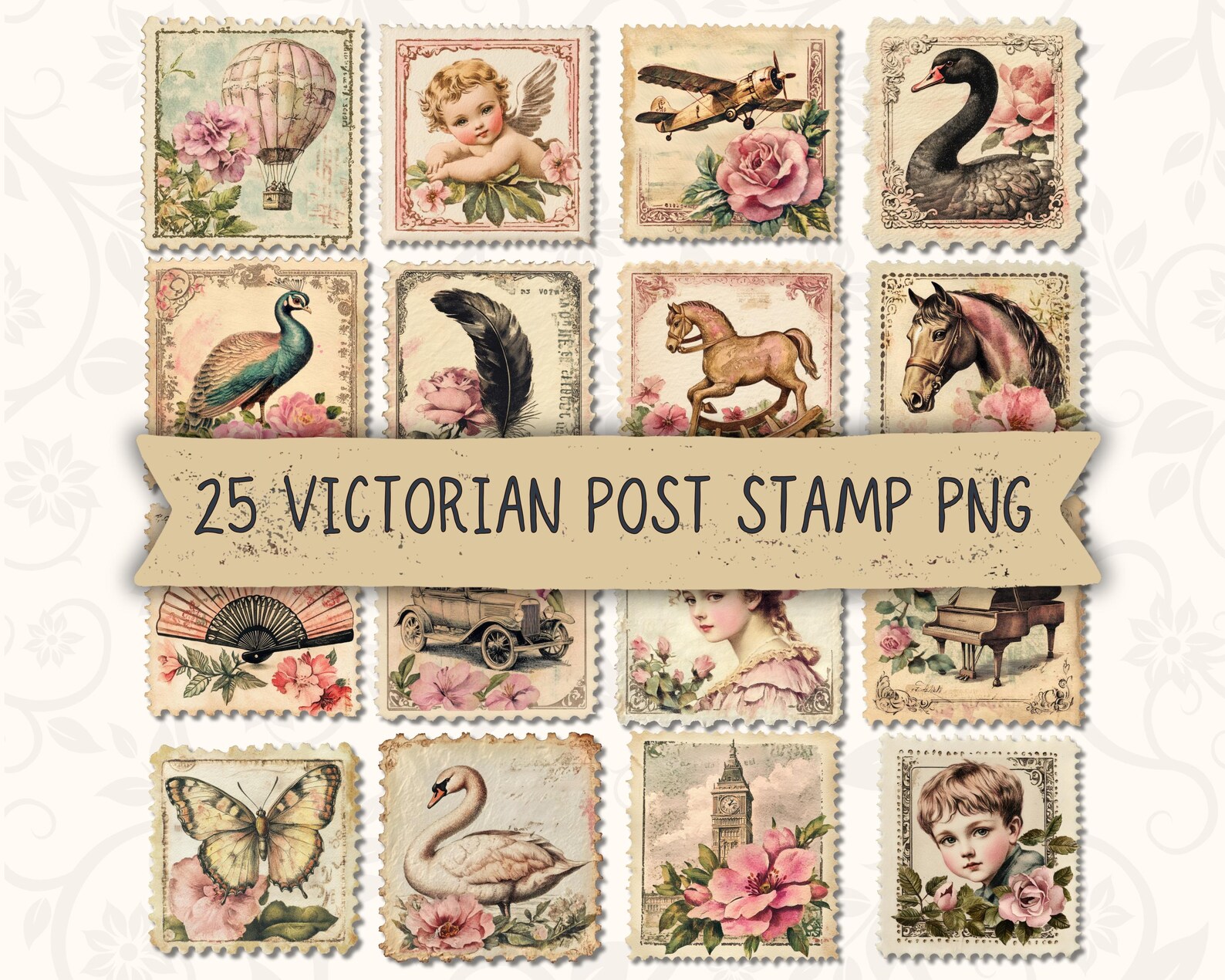 Vintage Victorian Post Stamp Design Digital Clipart L Printable Floral ...
