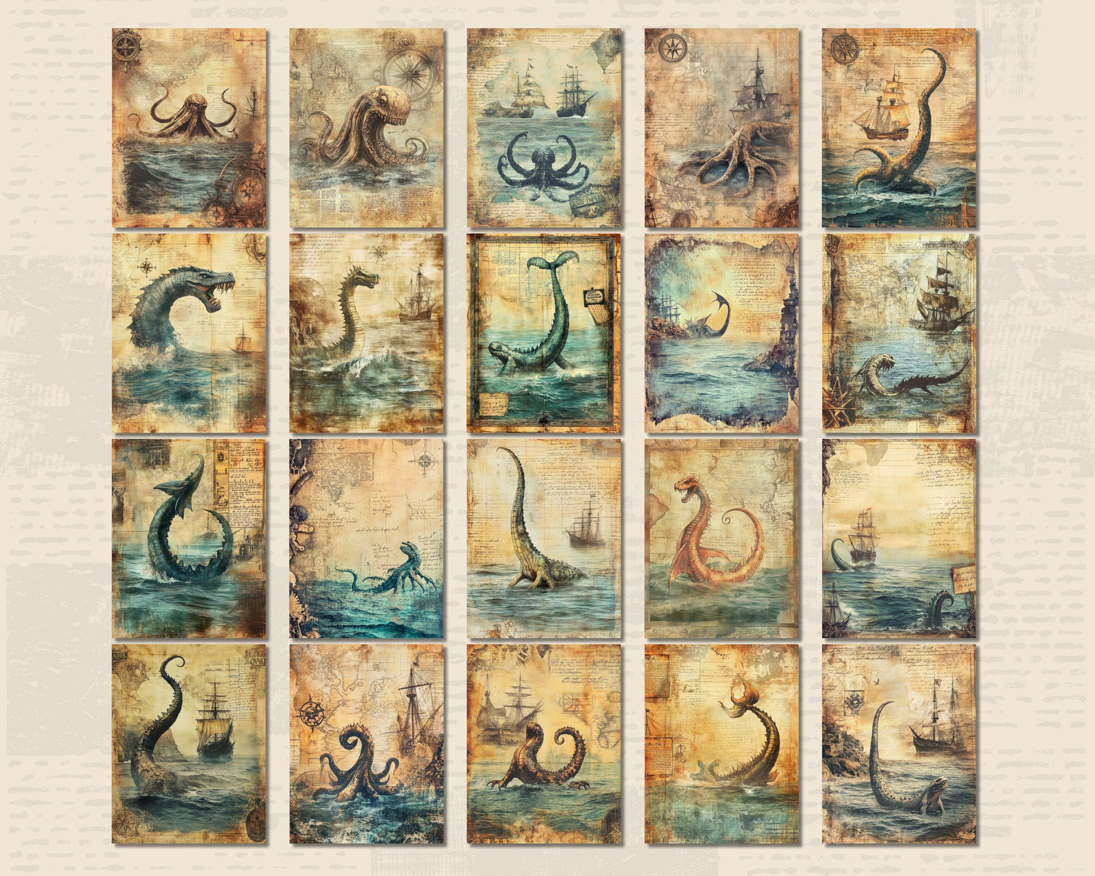 Scary Sea Monster on the Water Digital Paper L Printable Vintage ...