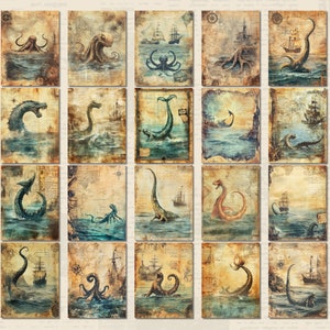 Scary Sea Monster on the Water Digital Paper L Printable Vintage ...