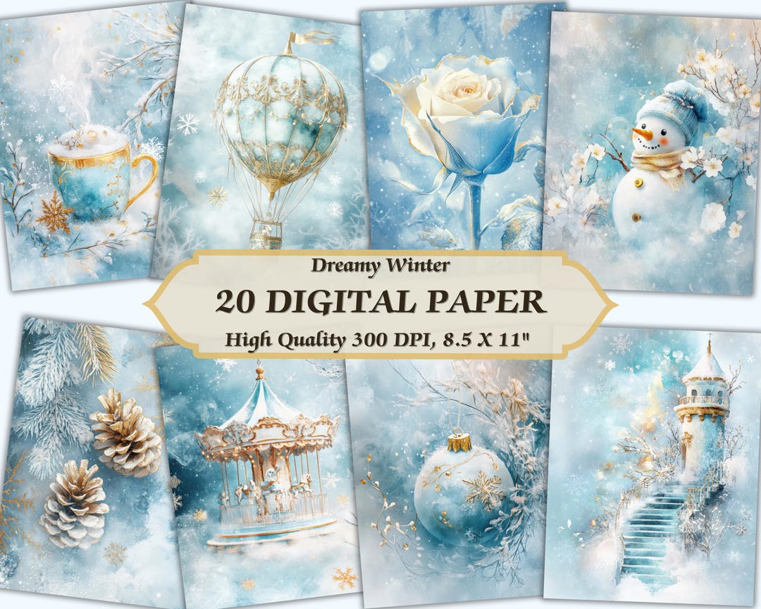 Dreamy Pastel Blue Winter Design Digital Paper L Printable Shiny Cold ...