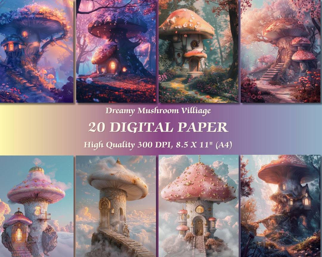 Dreamy Fantasy Mushroom Village Digital Paper L Printable Pastel Color ...