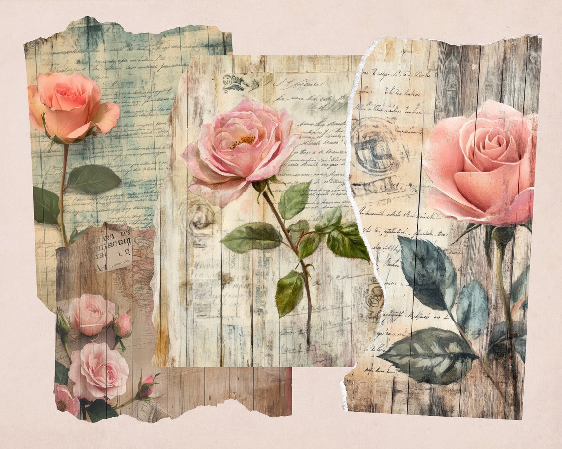 Romantic Rose Wooden Wall Digital Paper L Printable Floral Vintage Old ...