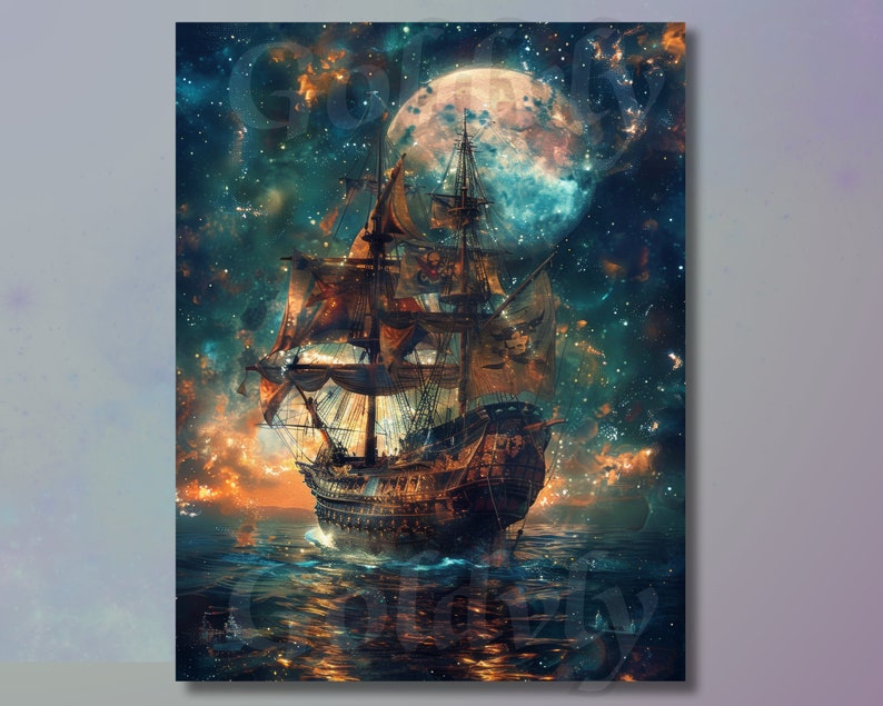Dreamy Fantasy Pirate Ship Digital Paper L Printable Dark Night Ocean ...