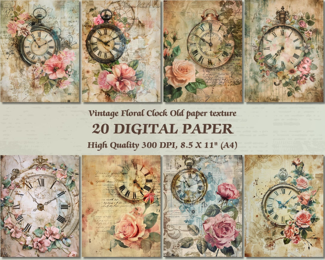 Romantic Floral Clock Old Texture Digital Paper L Printable Pink Flower ...