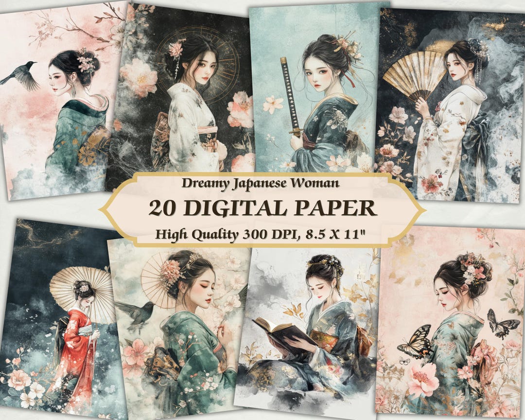 Dreamy Japanese Woman Digital Paper L Printable Asian Girl Design Print ...