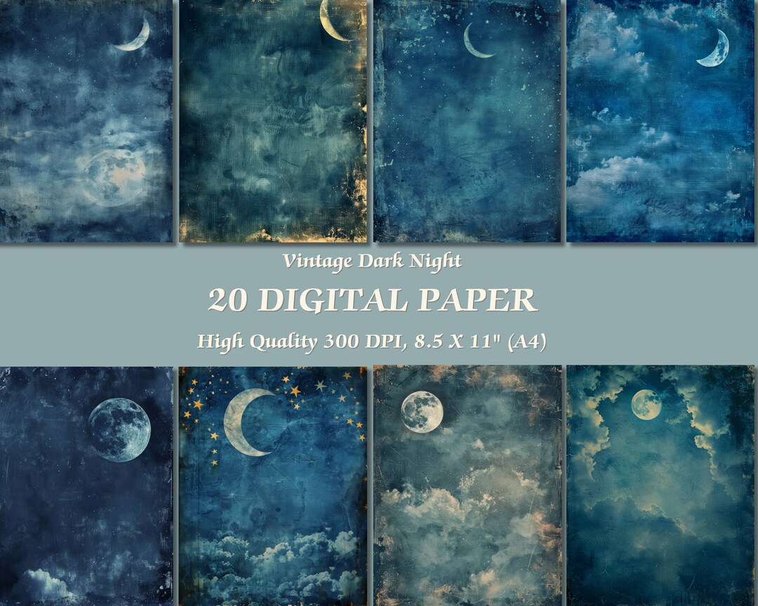 Calm Dark Night Vintage Digital Paper L Printable Moon Stars Design on ...