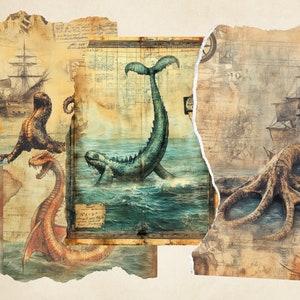 Scary Sea Monster on the Water Digital Paper L Printable Vintage ...