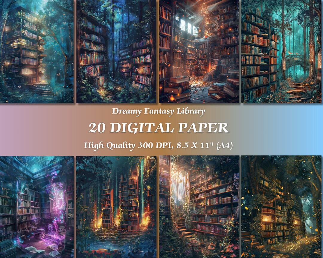 Fantasy Library With Books Digital Paper L Printable Dreamy Fairy Tale ...