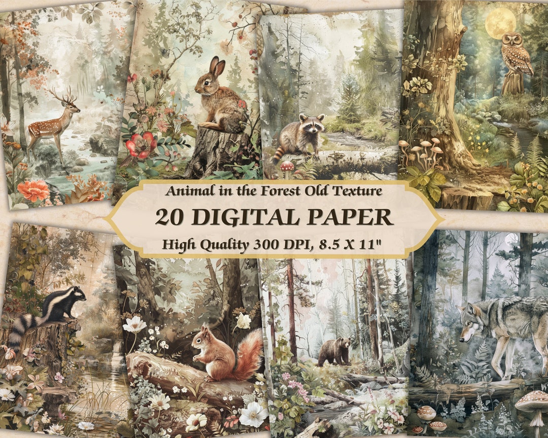 Animals in Fresh Forest Digital Paper L Printable Calm Nature Landscape ...