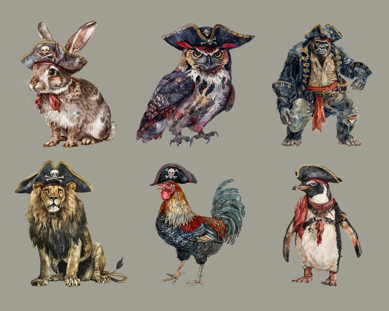 Watercolor Pirate Animal Digital Clipart L Printable Cute Animals With ...