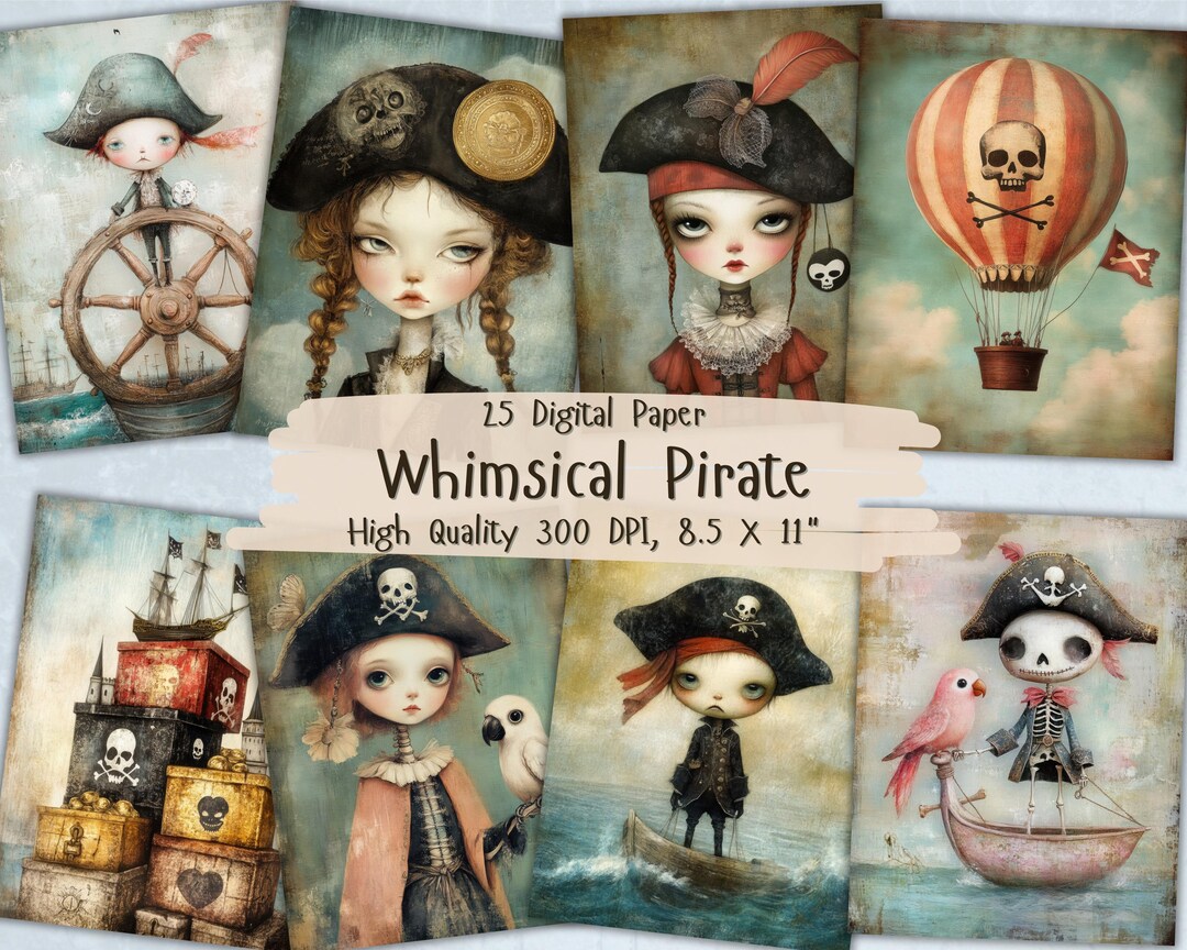 Whimsical Pirate Digital Paper L Printable Quirky Ocean Background ...