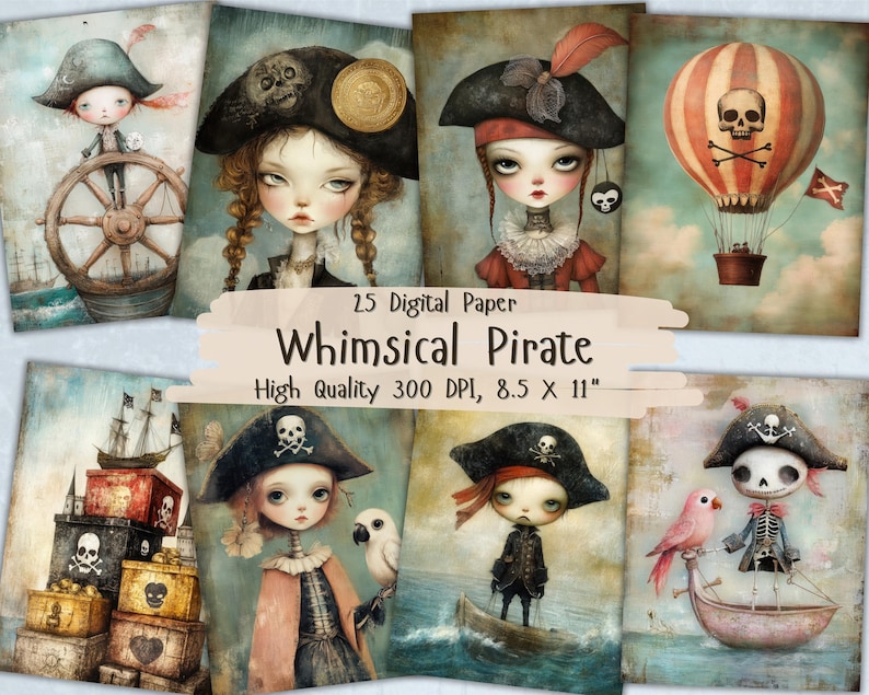 Whimsical Pirate Digital Paper L Printable Quirky Ocean Background ...