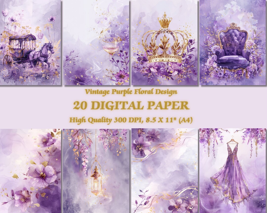 Luxury Purple and Gold Color Vintage Floral Digital Paper L Dreamy ...