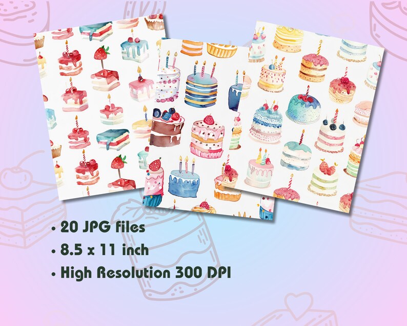 Sweet Birthday Cake Pattern Digital File L Watercolor Happy Design ...