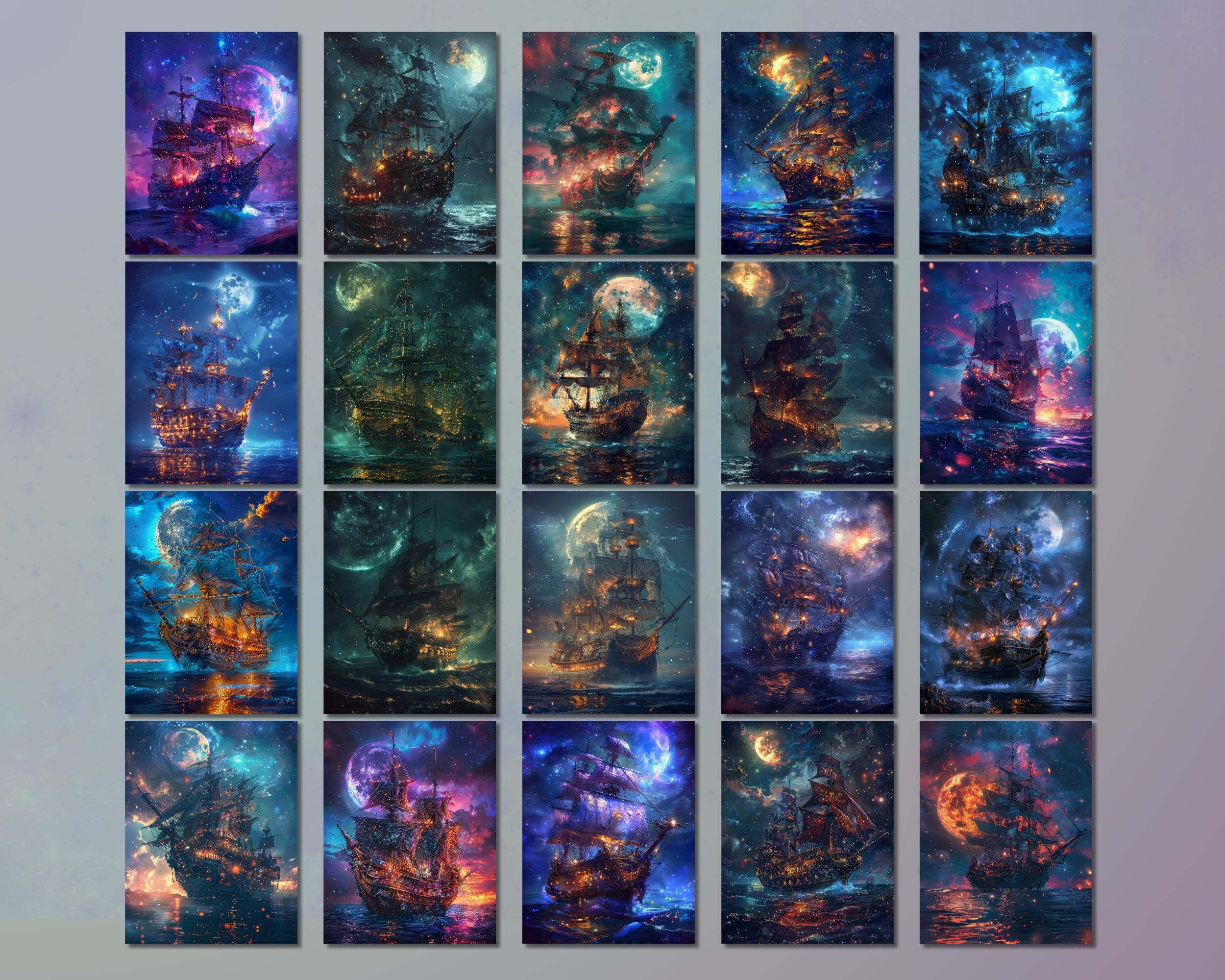 Dreamy Fantasy Pirate Ship Digital Paper L Printable Dark Night Ocean ...