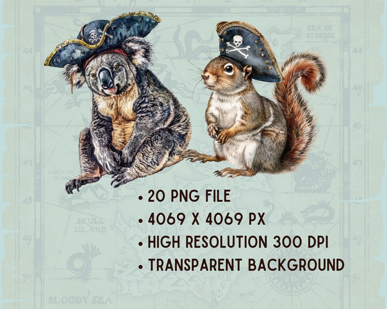 Watercolor Pirate Animal Digital Clipart L Printable Cute Animals With ...