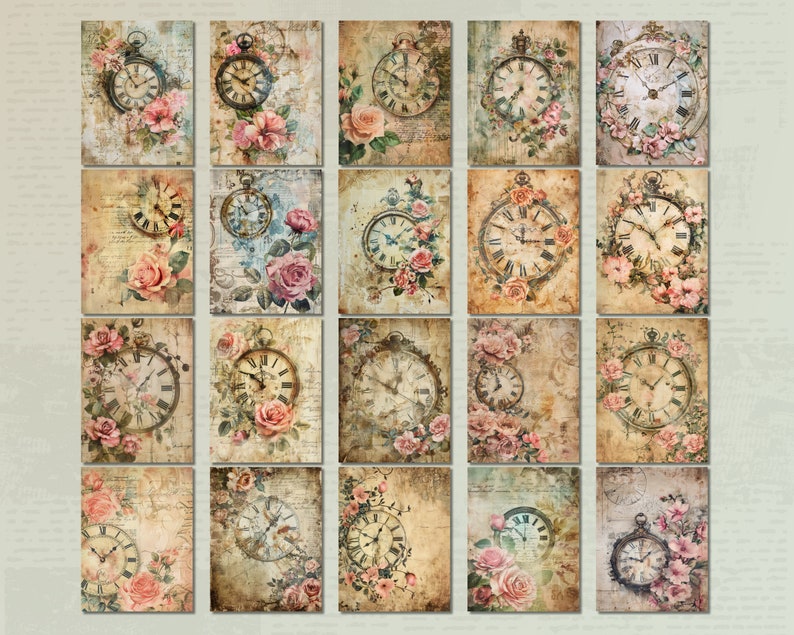 Romantic Floral Clock Old Texture Digital Paper L Printable Pink Flower ...