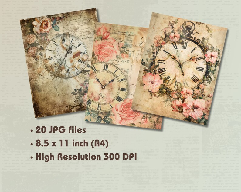 Romantic Floral Clock Old Texture Digital Paper L Printable Pink Flower ...