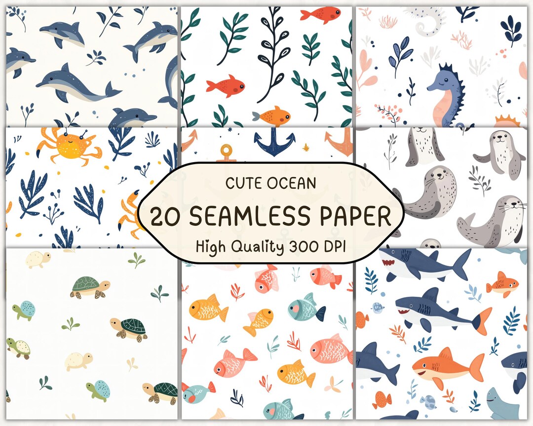 Cute Ocean Design Seamless Pattern L Adorable Sea Animal Digital Paper ...