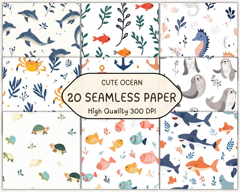 Cute Ocean Design Seamless Pattern L Adorable Sea Animal Digital Paper ...