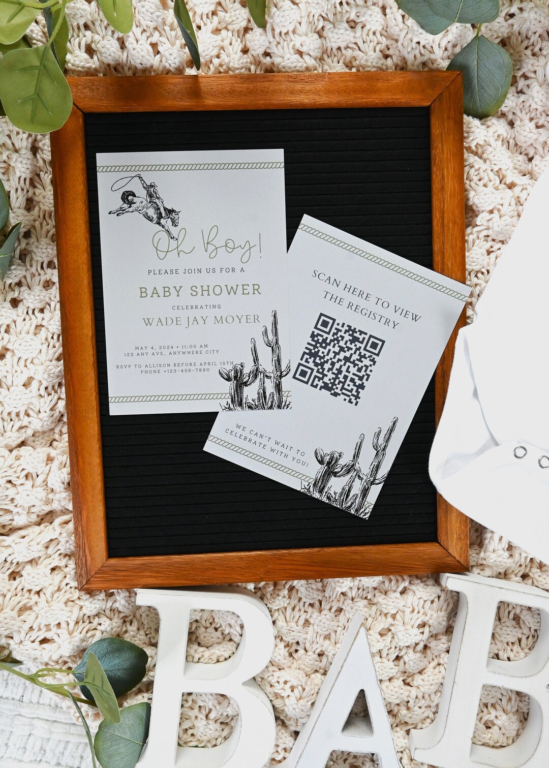 Cowboy Western Baby Shower Invitation Green Black. Cactus, Bronc Rider ...