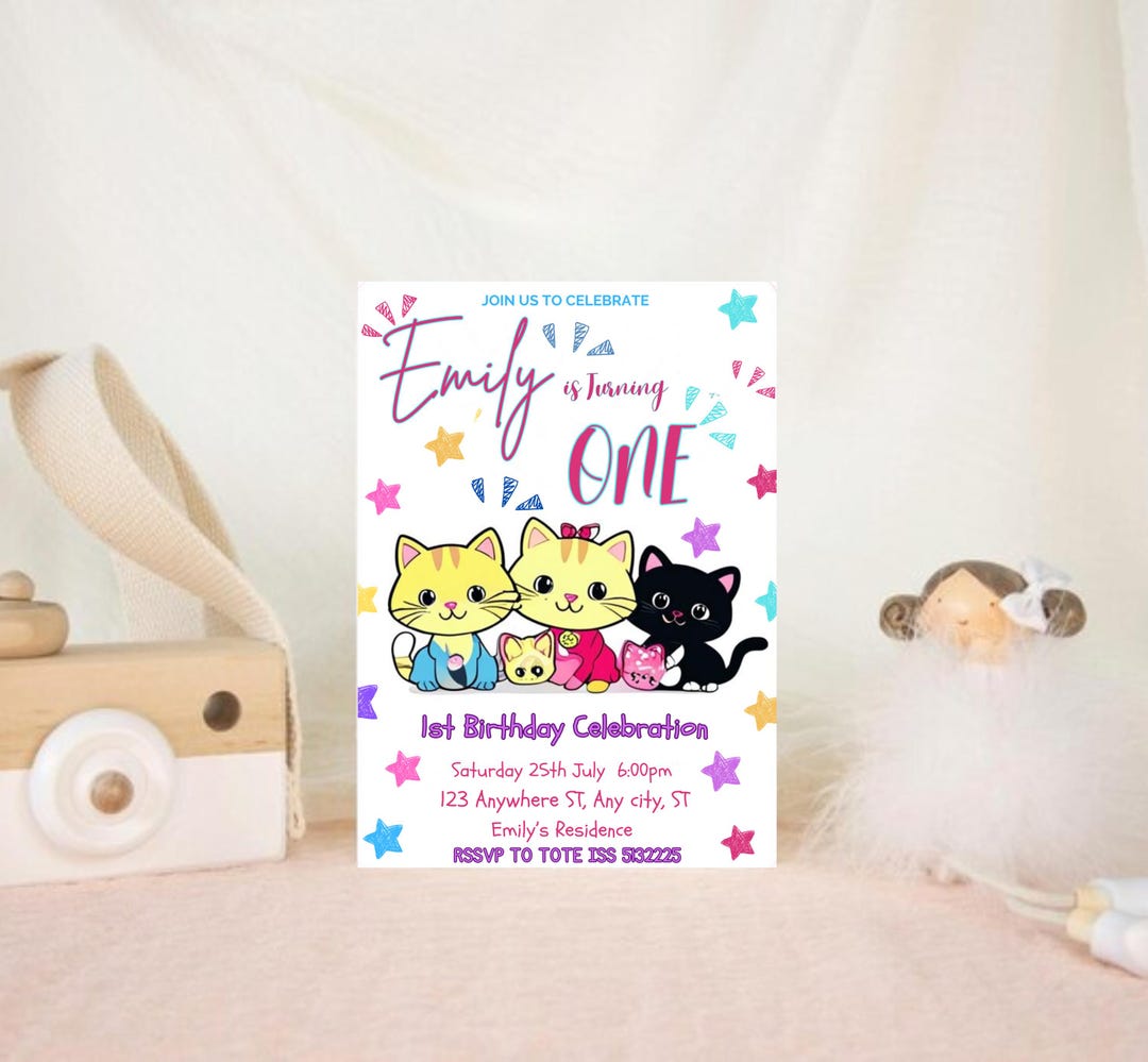 Digital Editable Kawaii Cat Invitation Template, Digital Editable Kitty ...