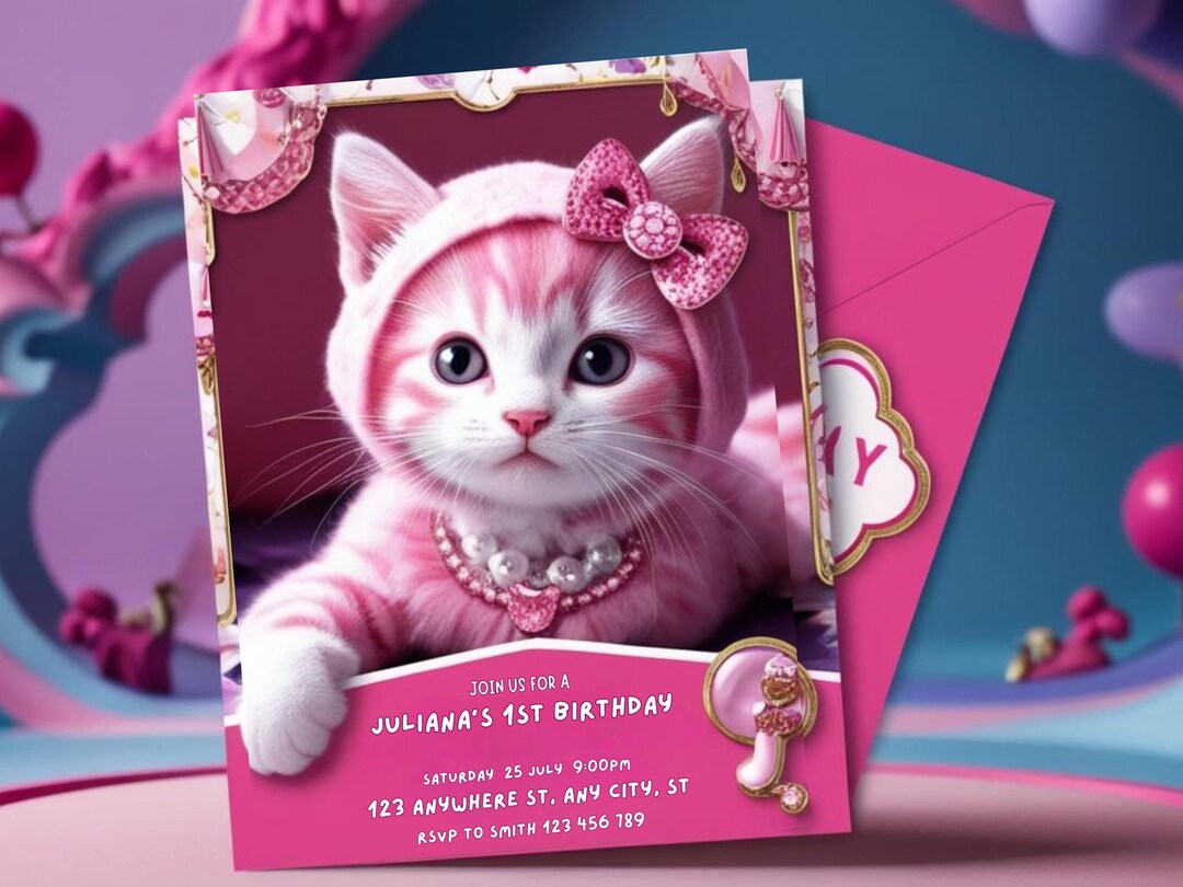 Digital Editable Kawaii Cat Invitation Template, Digital Editable Kitty ...