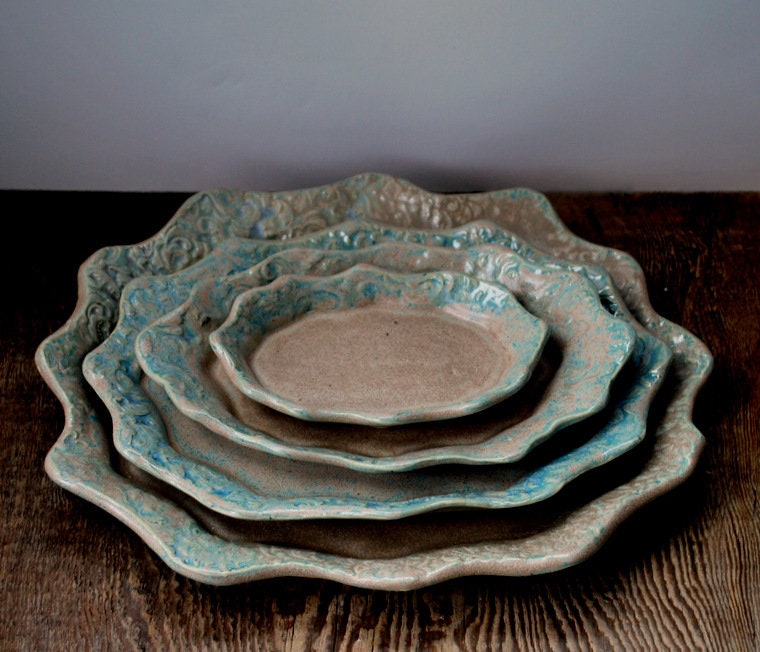 Set of Four Ceramic Tan Nesting Plates or Bowls With Aqua - Etsy