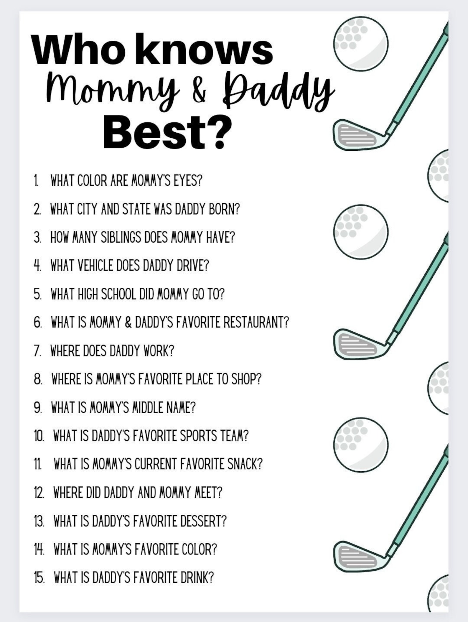 Baby Shower Game - Golf Themed **instant Digital Download - Etsy