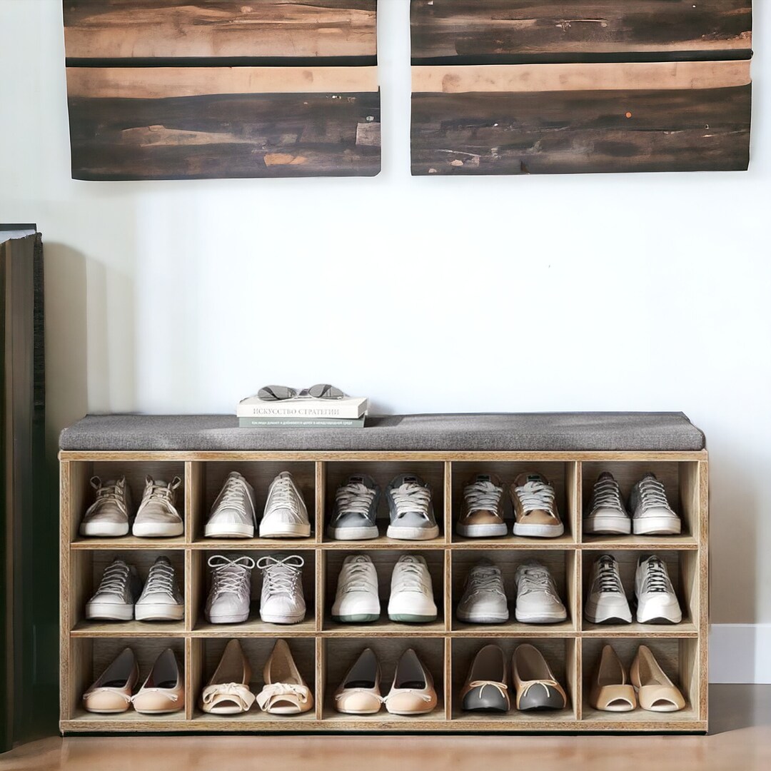 Shoe Rack, Shoe Bench With Seat, Shoe Cabinet With Cushion, 15 Open ...