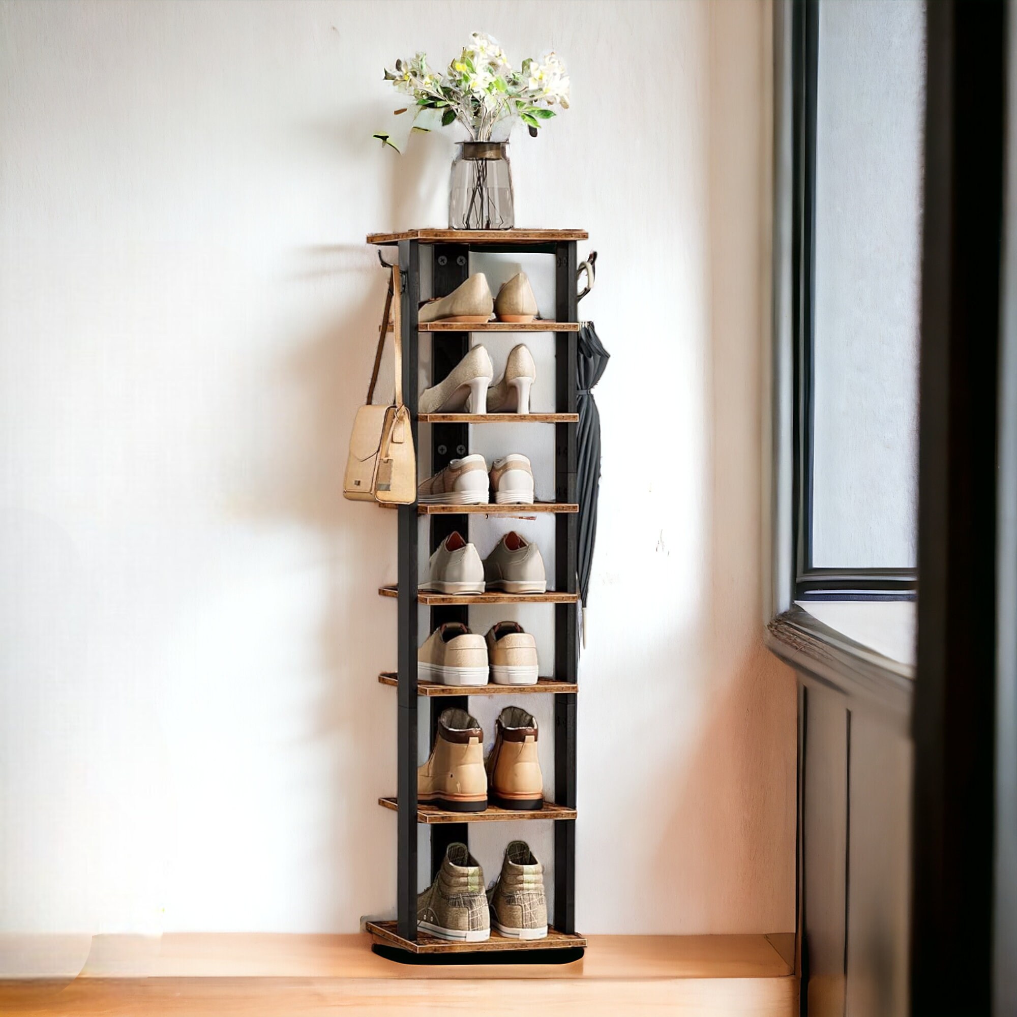 Shoe Rack Wooden, Tall Shoe Rack, Narrow Shoe Storage Organiser With 2 ...