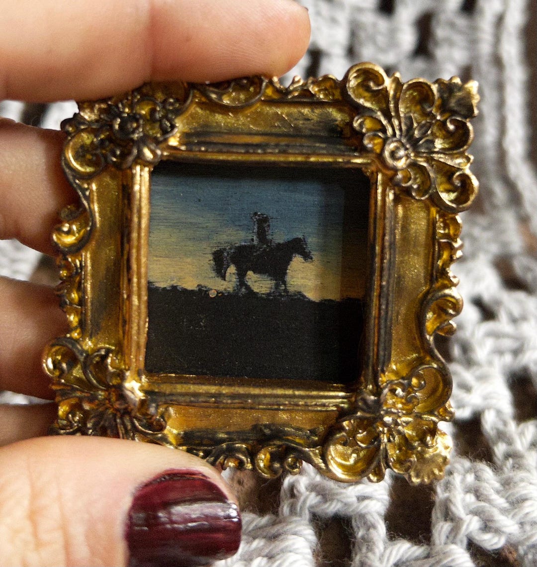 Mini Cowboy Oil Painting, Cowgirl and Horse With Vintage Ornate Gold ...