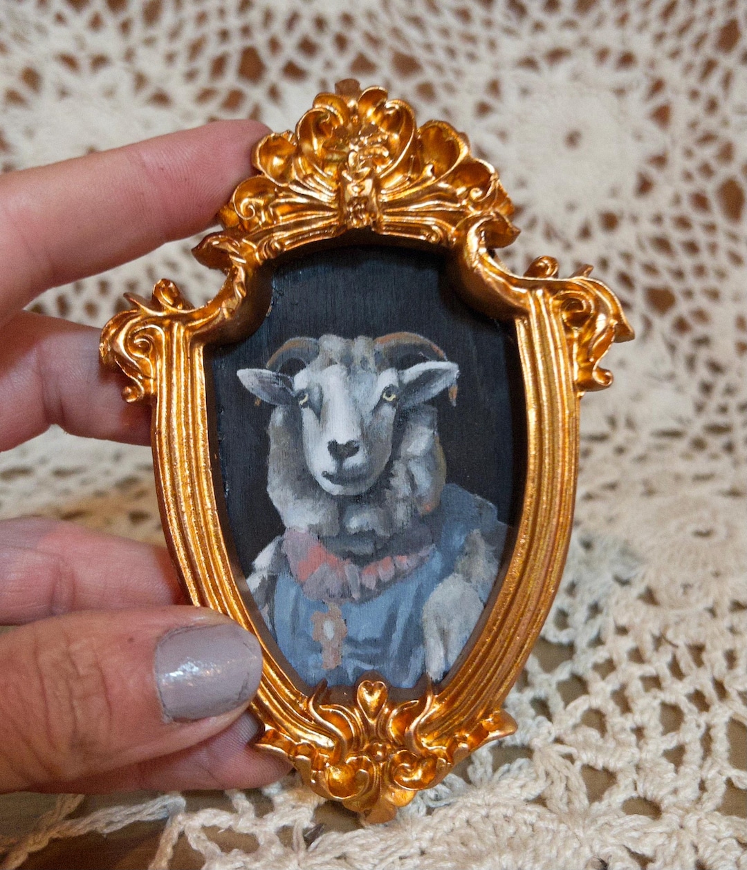 Mini Sheep Oil Painting W/ Baroque Ornate Gold Frame, Small Original ...