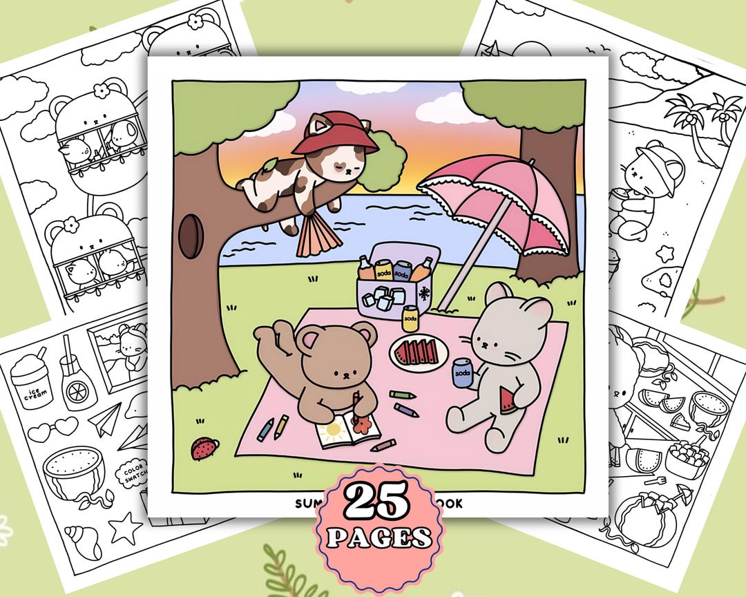 Summer Picnic Coloring Book - 25 Printable Pages Berrie Cute Comfy Bold ...